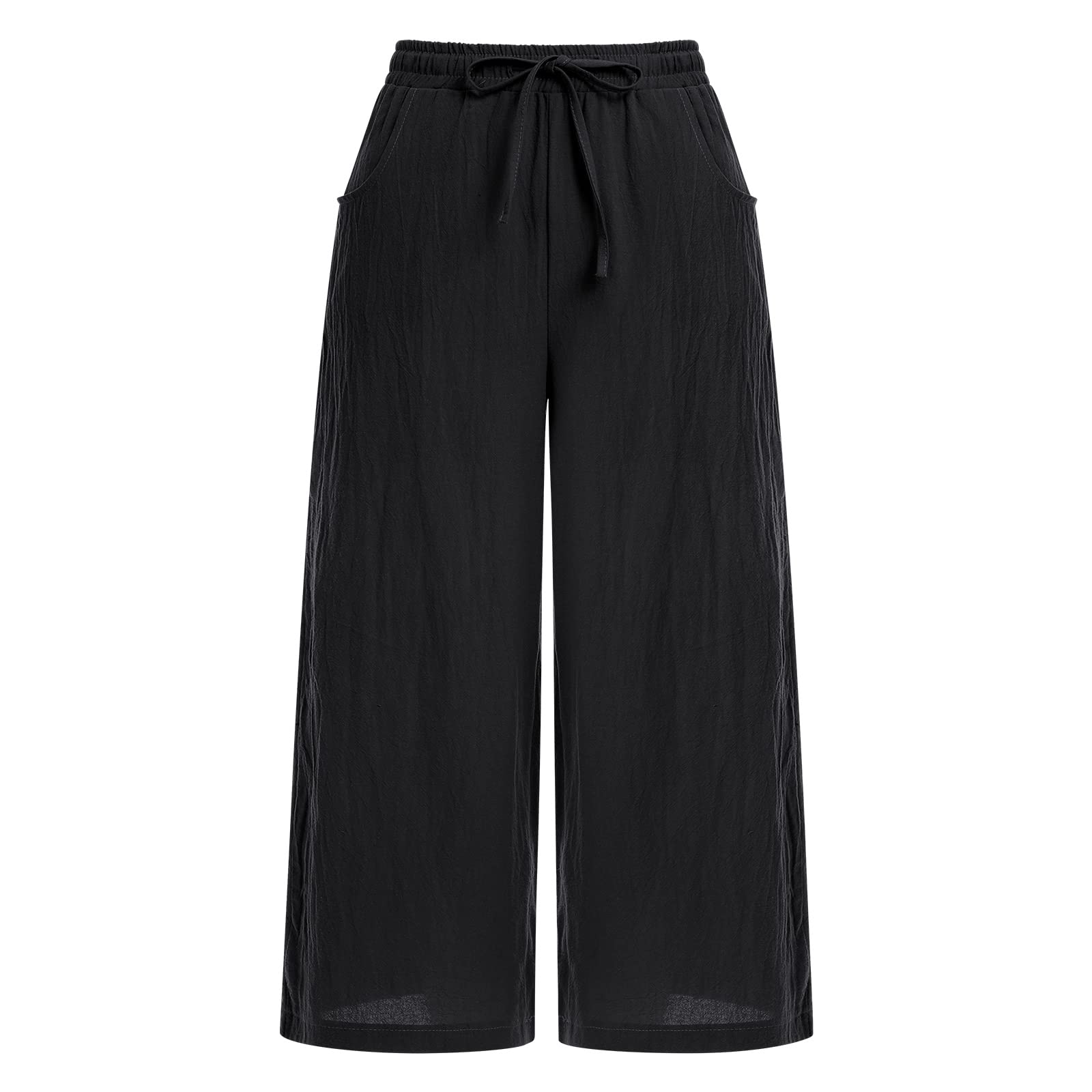 OBEEII Womens Casual Elastic High Waisted Wide Leg Loose Palazzo Pants Trousers with Pockets Black XL