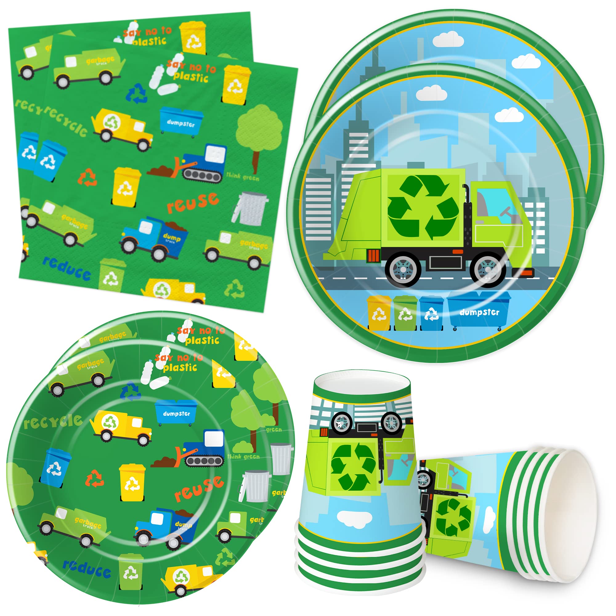 Xigejob Garbage Theme Trash Truck Birthday Party Supplies, Garbage Truck Party Decorations Dinnerware, Plate, Cup, Napkin, Waste Recycling Trash Truck Party Supplies For Birthday Baby Shower, Serve 24