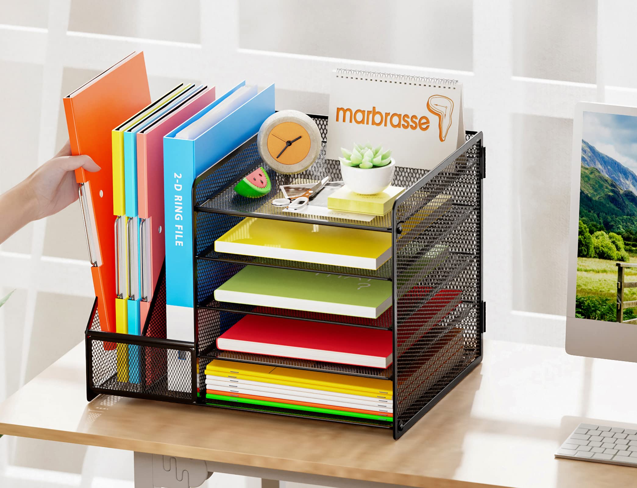 Marbrasse Desk Organizer with File Holder, 5-Tier Paper Letter Tray Organizer, Mesh Desk Organizers and Accessories with Magazine Holder, Desktop Organizer and Storage for Office Supplies (Black)