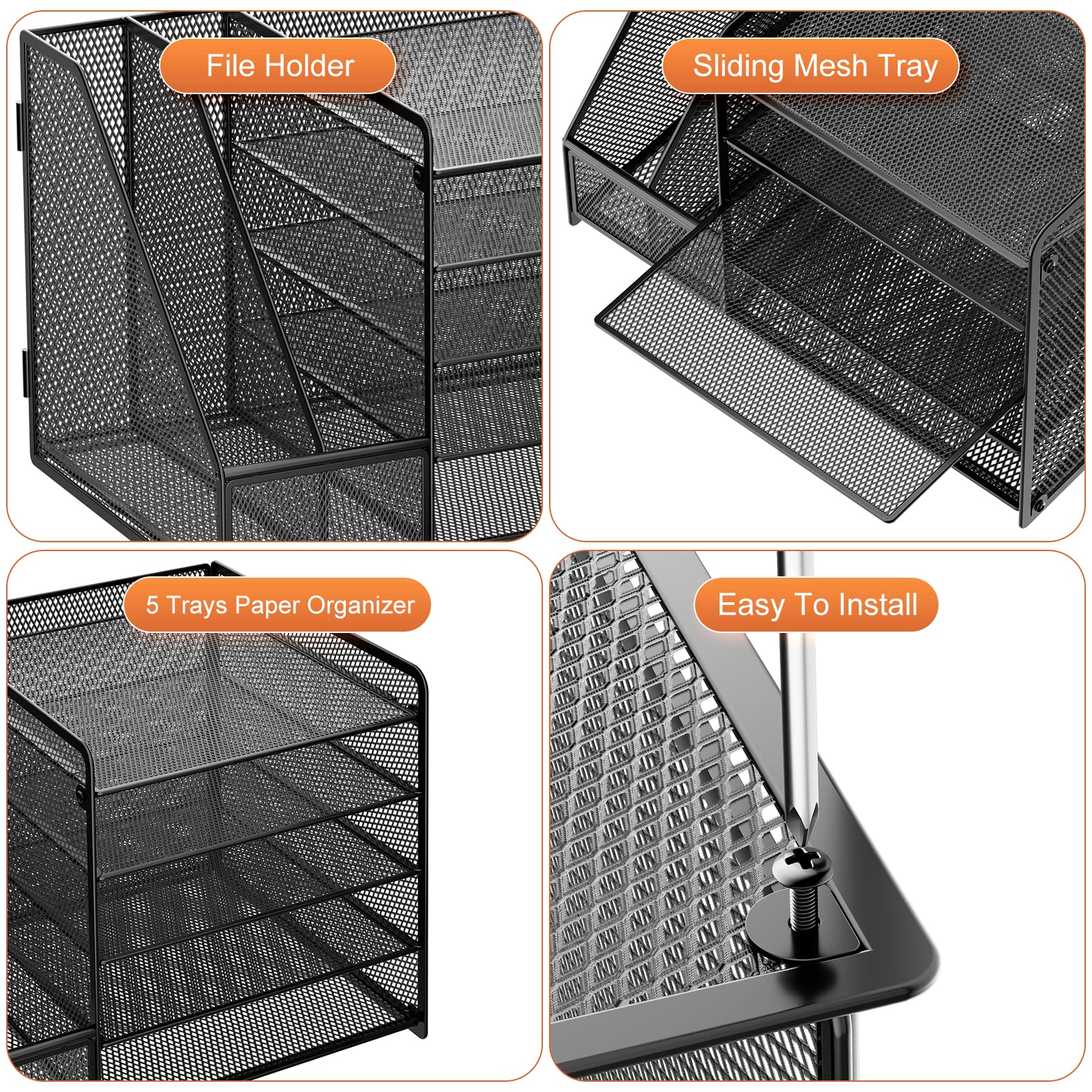 Marbrasse Desk Organizer with File Holder, 5-Tier Paper Letter Tray Organizer, Mesh Desk Organizers and Accessories with Magazine Holder, Desktop Organizer and Storage for Office Supplies (Black)