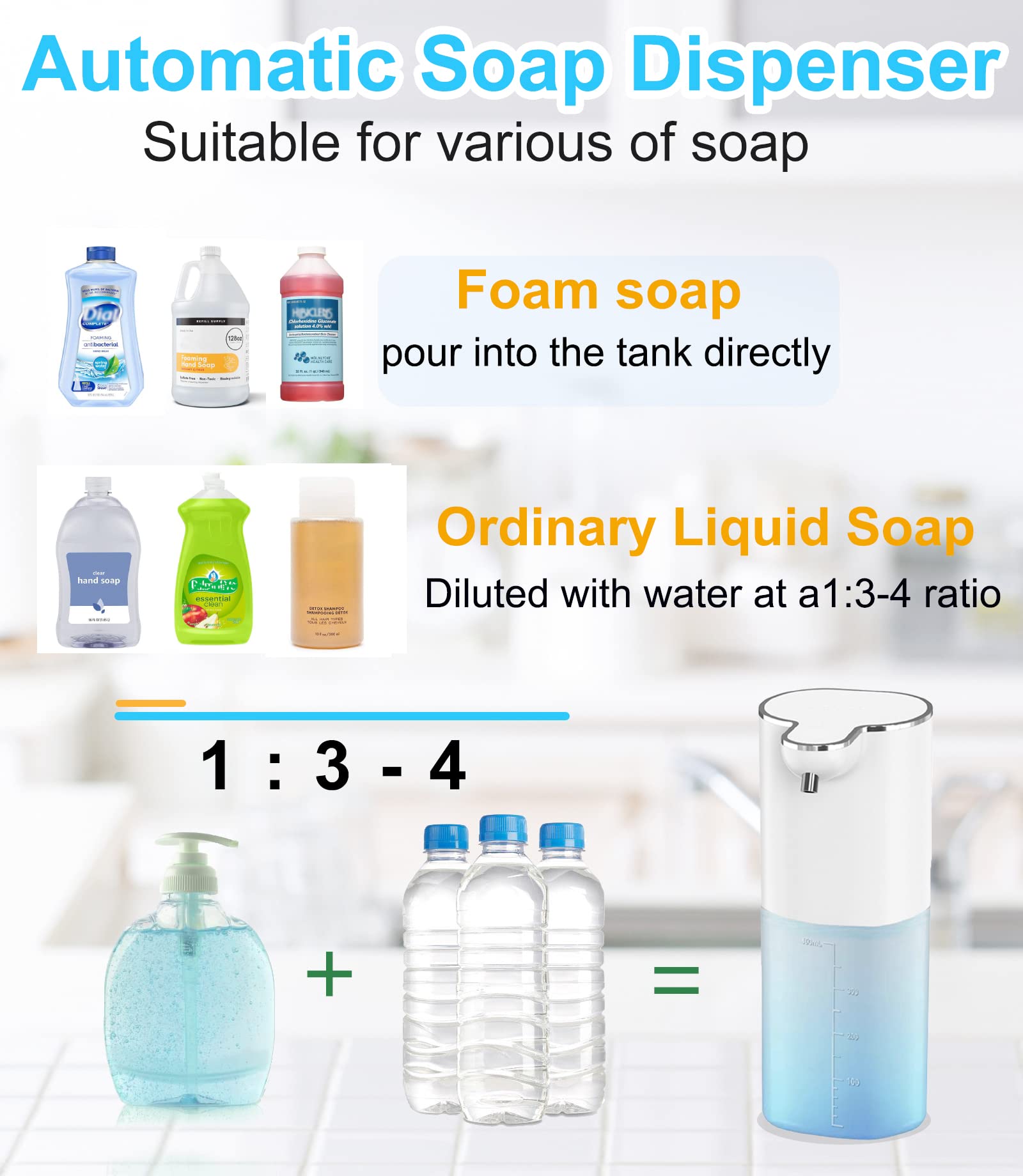 Josnown Automatic Foaming Soap Dispenser, 13.5oz/400ML Wall Mount Dispenser, USB Rechargeable,4 Gear Adjustable, Touchless Hand & Dish Soap Dispenser for Bathroom, Kitchen