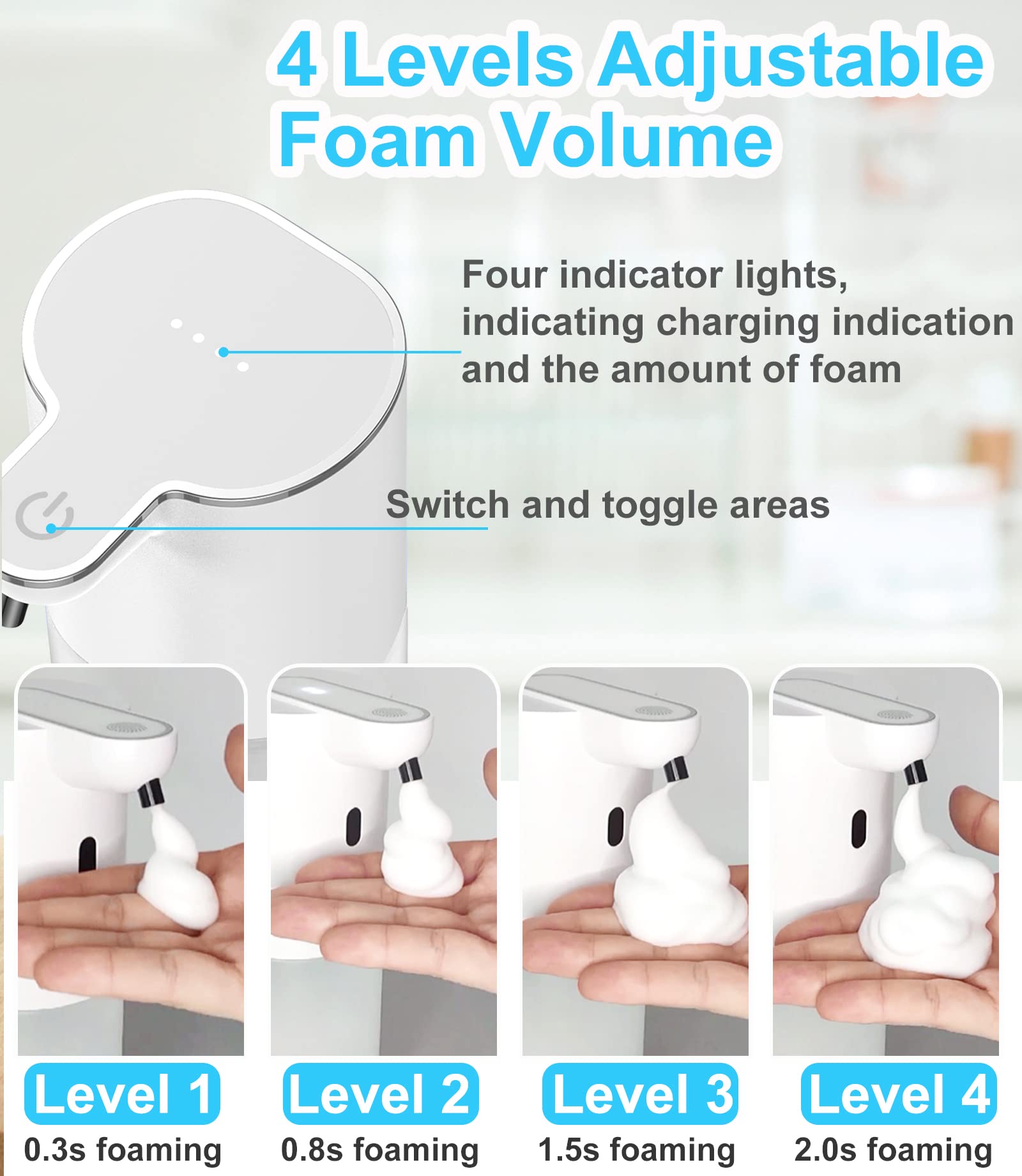 Josnown Automatic Foaming Soap Dispenser, 13.5oz/400ML Wall Mount Dispenser, USB Rechargeable,4 Gear Adjustable, Touchless Hand & Dish Soap Dispenser for Bathroom, Kitchen