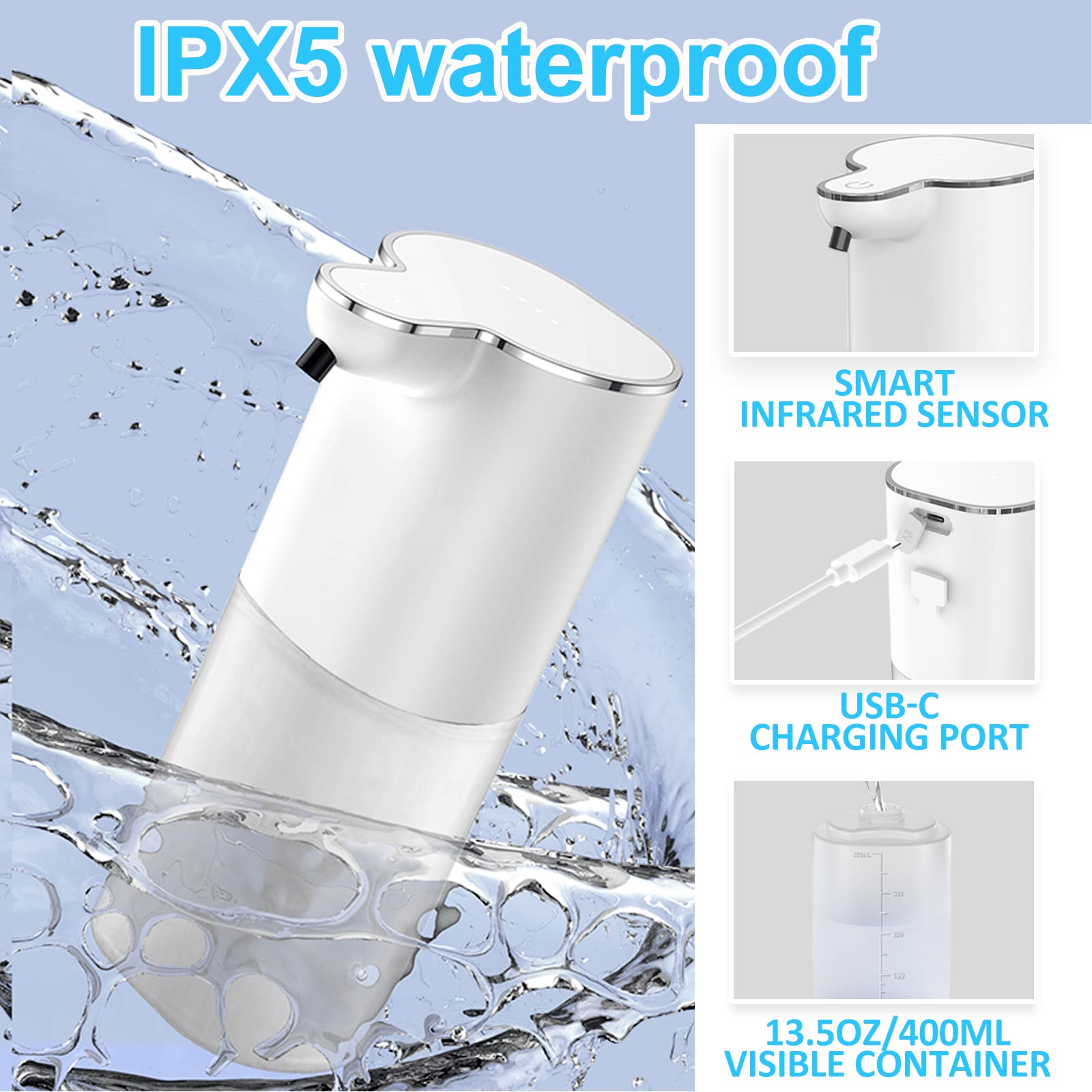 Josnown Automatic Foaming Soap Dispenser, 13.5oz/400ML Wall Mount Dispenser, USB Rechargeable,4 Gear Adjustable, Touchless Hand & Dish Soap Dispenser for Bathroom, Kitchen