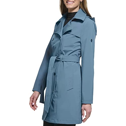 Calvin Klein Women's Double Breasted Belted Rain Jacket With Removable Hood, Oasis Teal, X-Large