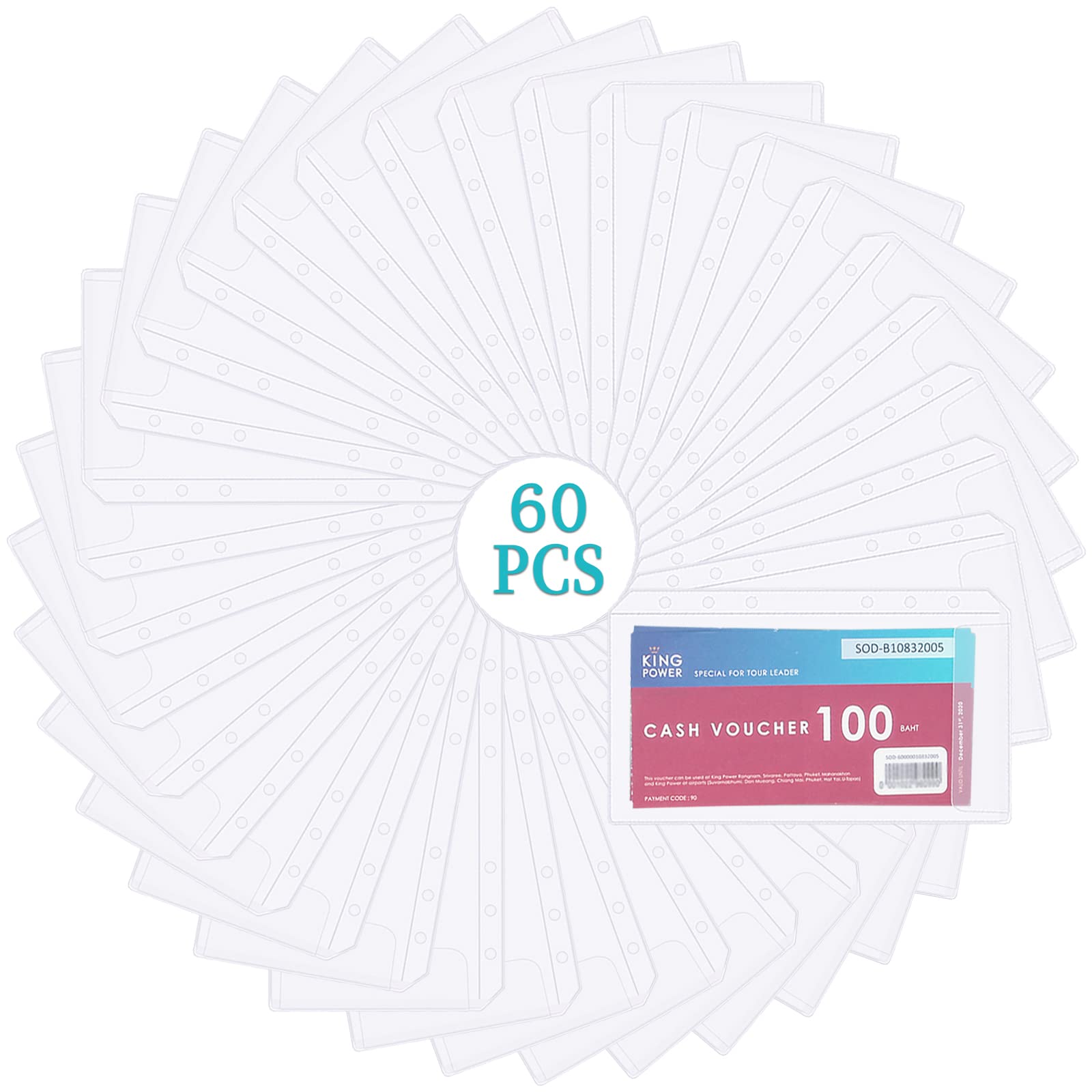 QiXin 60pcs A6 Binder Pocket no Zipper Clear Budget Planner Inserts Bulk Budget Binder Organizer Cash Envelopes for Budgeting Waterproof PVC Loose Leaf Bags Card Sleeves for 6 Ring Notebook