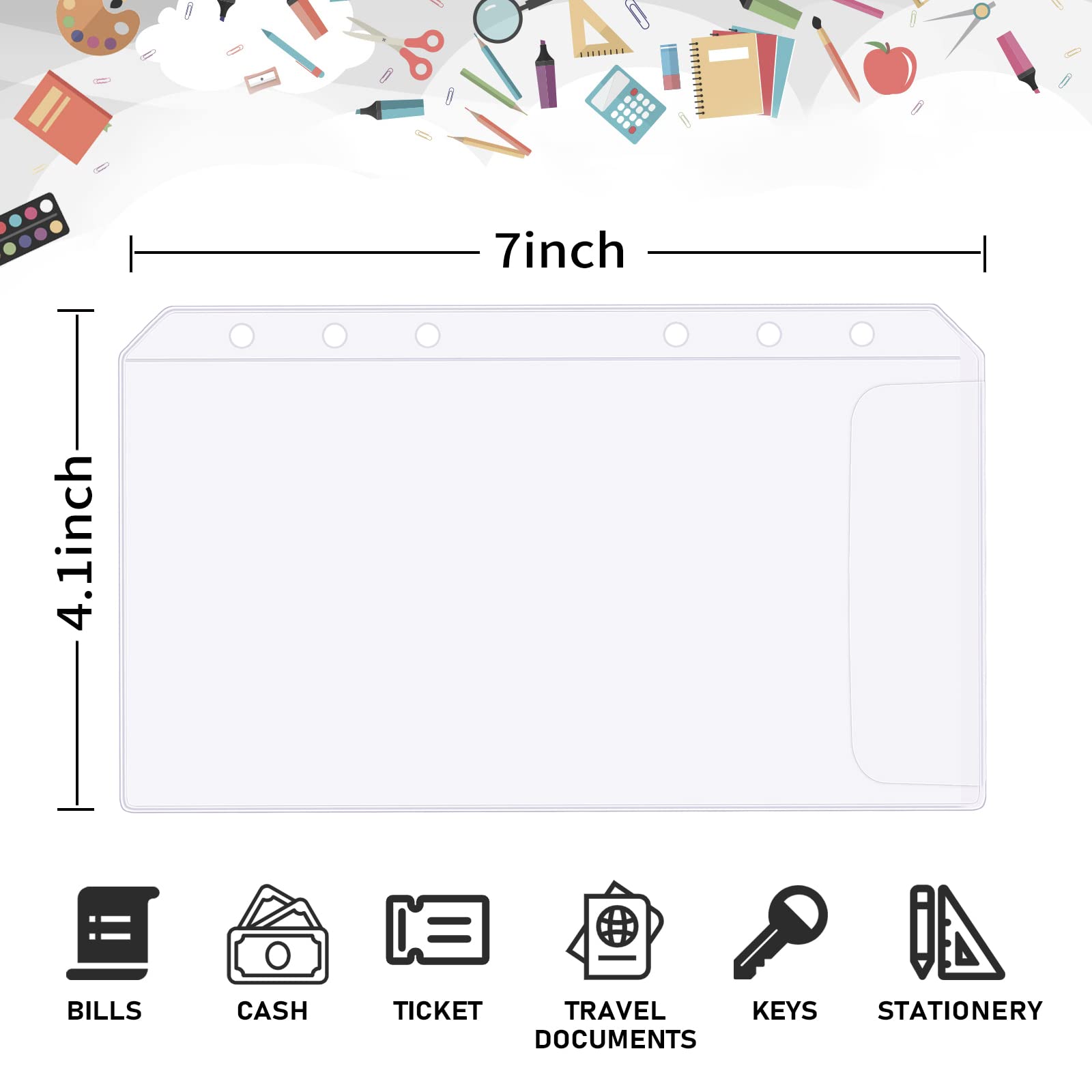 QiXin 60pcs A6 Binder Pocket no Zipper Clear Budget Planner Inserts Bulk Budget Binder Organizer Cash Envelopes for Budgeting Waterproof PVC Loose Leaf Bags Card Sleeves for 6 Ring Notebook
