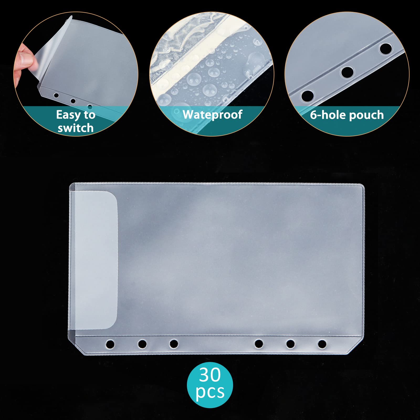 QiXin 60pcs A6 Binder Pocket no Zipper Clear Budget Planner Inserts Bulk Budget Binder Organizer Cash Envelopes for Budgeting Waterproof PVC Loose Leaf Bags Card Sleeves for 6 Ring Notebook