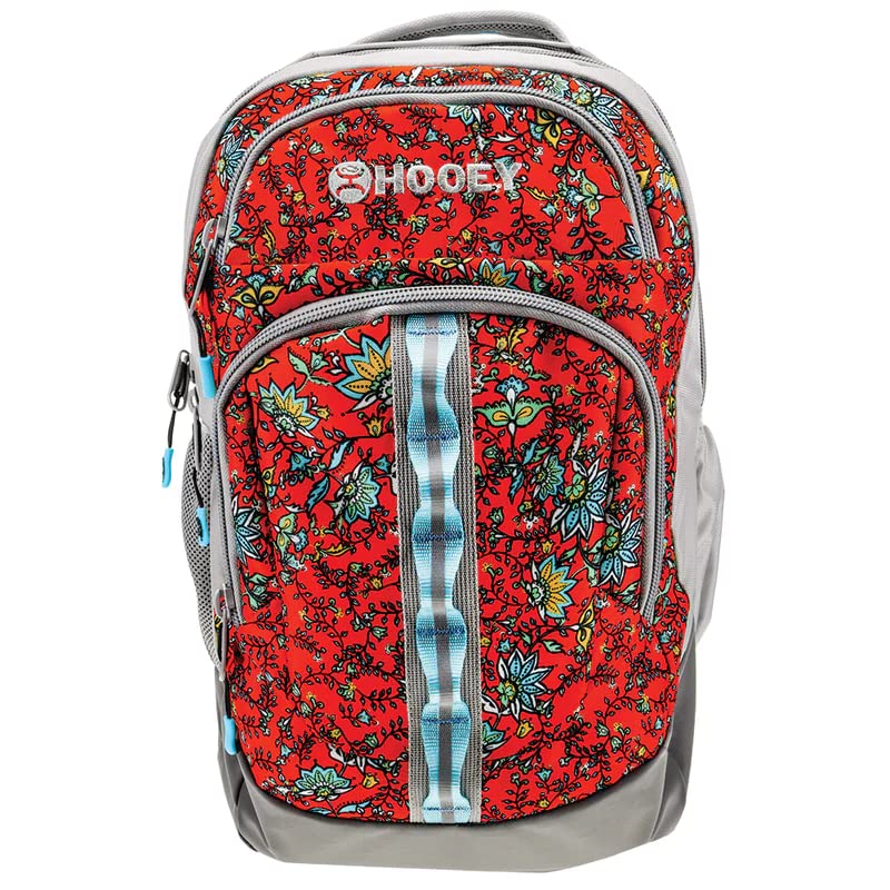 HOOEY Ox 40 Liter School Hiking Backpack Rain Cover Hat Strap Laptop Sleeve Hydro Pockets (Gray/Red/Blue)
