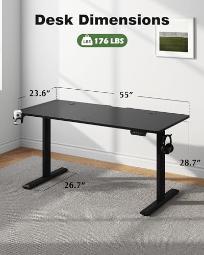Shahoo Electric Standing Desk 55 Inch, Ergonomic Height Adjustable Table with T-Shaped Metal Bracket Modern Computer Workstations for Home Office, Black, 55x24 Inch