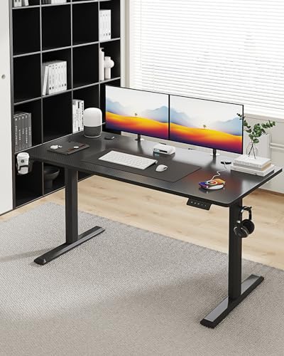 Shahoo Electric Standing Desk 55 Inch, Ergonomic Height Adjustable Table with T-Shaped Metal Bracket Modern Computer Workstations for Home Office, Black, 55x24 Inch