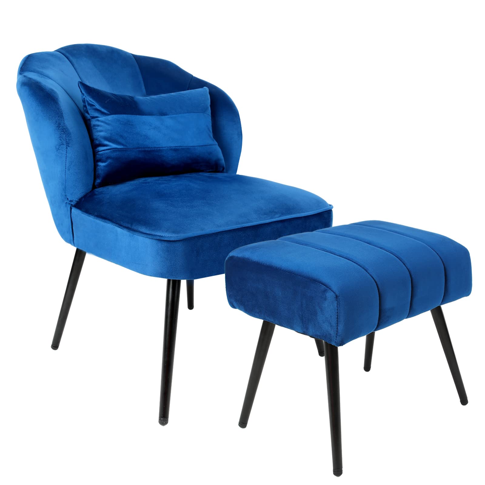 NO MORE TAG Velvet Living Room Chair with Ottoman, Accent Chair with Footstool, Blue Accent Chair, Velvet Chair and Ottoman Set, Chair Without Armrest