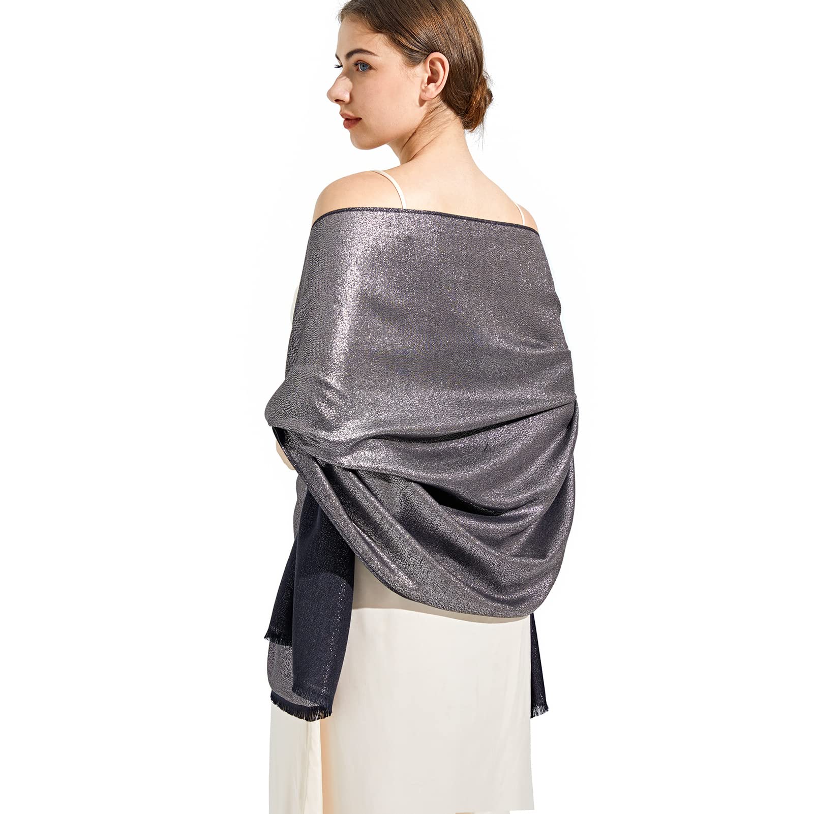 Ciormis Sparkly Shawls for Women, Metallic Black & Silver Wedding Pashmina Shimmer Scarf Wraps for Evening Wear (Black & Silver)