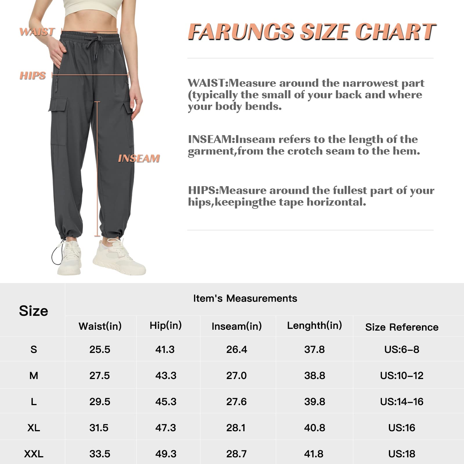 FARUNGS Quick Dry Cargo Pants Lightweight Tactical Hiking Pants with 5 Pockets for Women,Stretchy Waist and Water Resistant Grey
