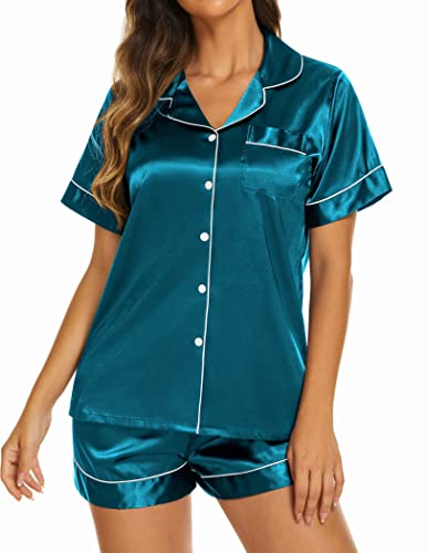 VickyBelle Womens Silk Satin Pajamas Set Two-piece Pj Sets Sleepwear Loungewear Button-Down Pj Sets(XL, Green)