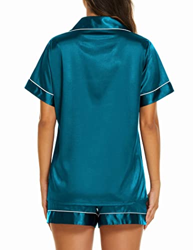VickyBelle Womens Silk Satin Pajamas Set Two-piece Pj Sets Sleepwear Loungewear Button-Down Pj Sets(XL, Green)