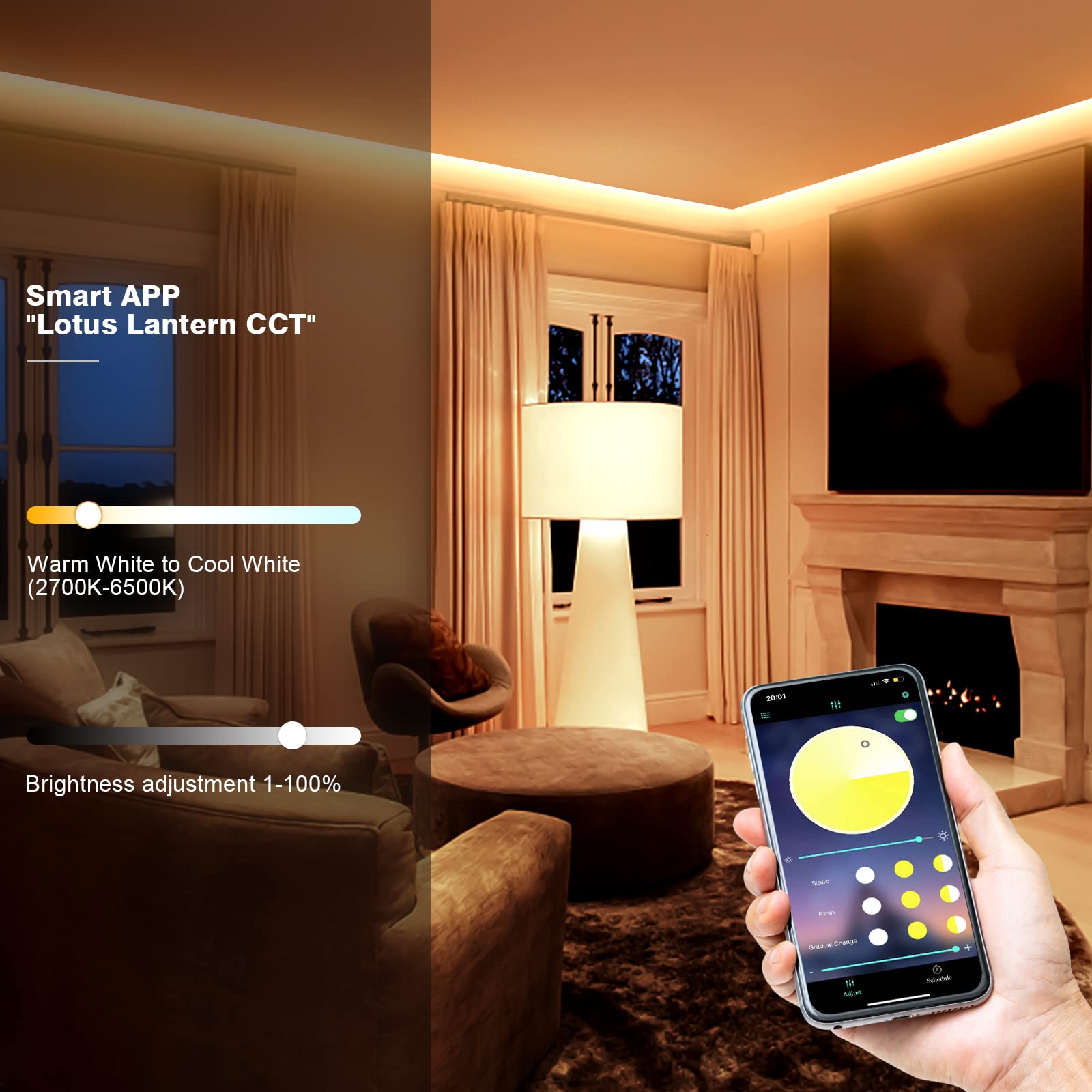 Wefomey COB LED Strip Light White CCT Tunable 3200LEDs, 16.4ft Dimmable 2700K-6500K 24V LED Tape Lights with Remote and APP, UL Power Supply, Led Light for Bedroom, Kitchen, Cabinets, DIY Lighting