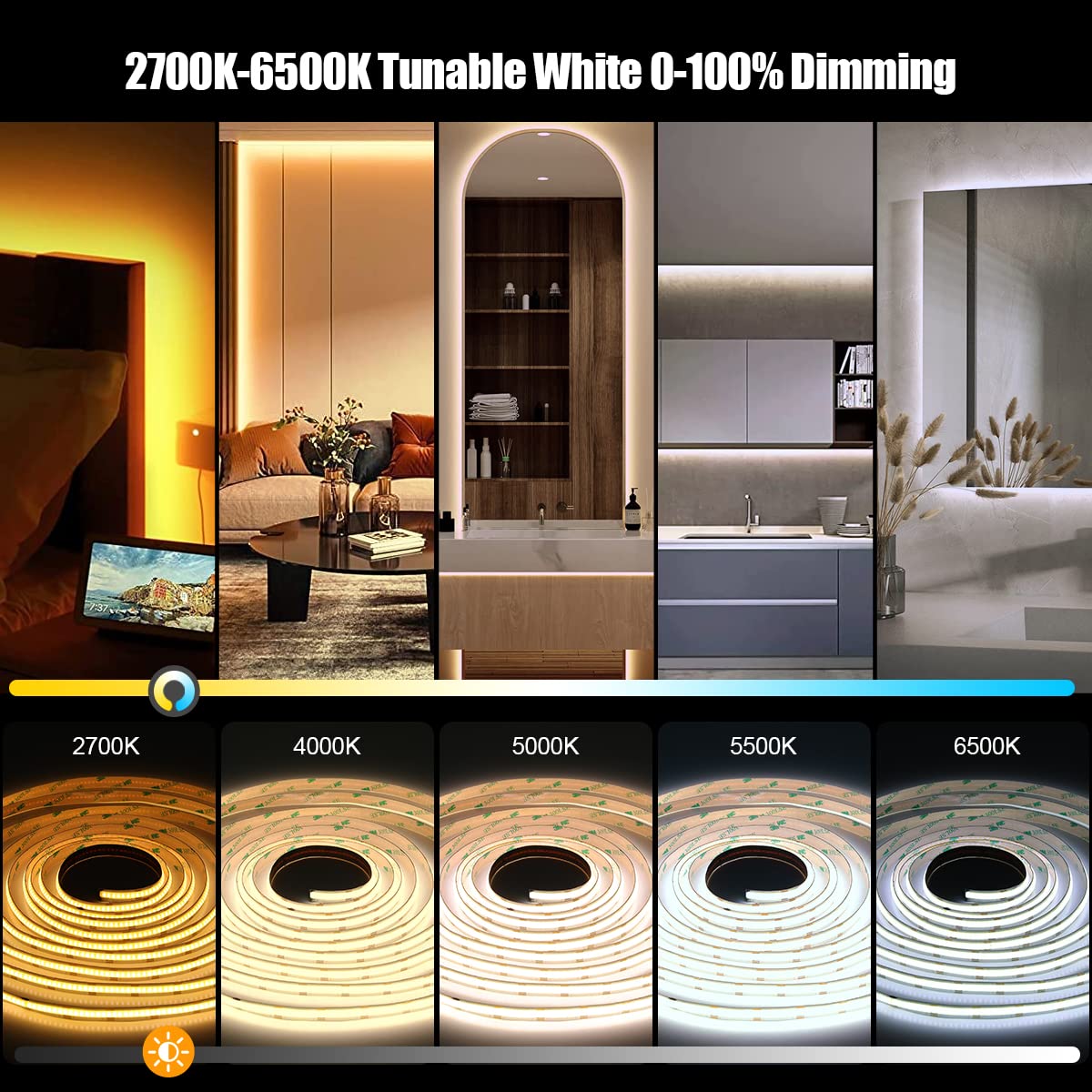 Wefomey COB LED Strip Light White CCT Tunable 3200LEDs, 16.4ft Dimmable 2700K-6500K 24V LED Tape Lights with Remote and APP, UL Power Supply, Led Light for Bedroom, Kitchen, Cabinets, DIY Lighting