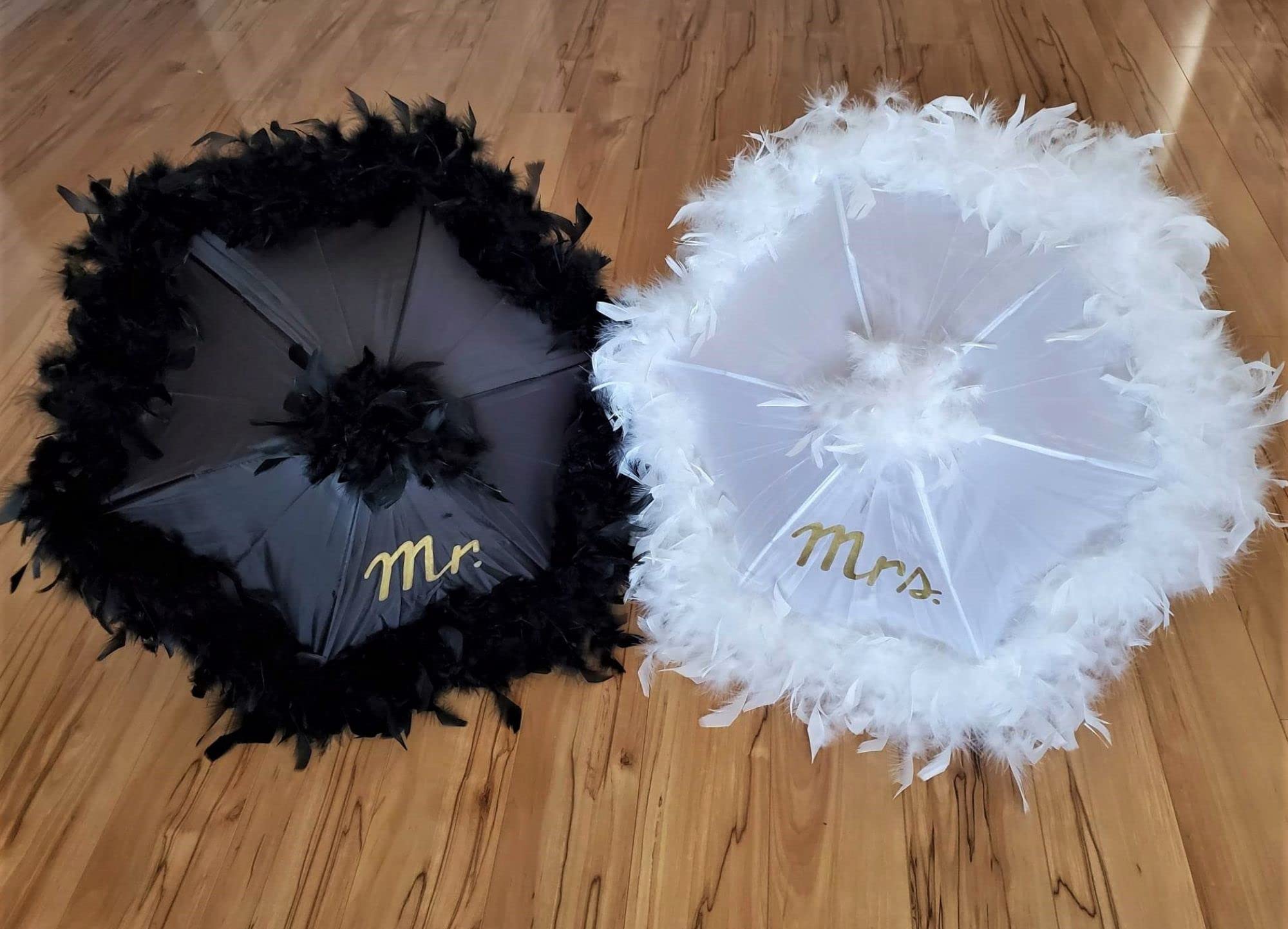 Mr. and Mrs. Second Line Umbrella Parasol- Black and White Feather New Orleans Wedding (Medium Parasol Sized)