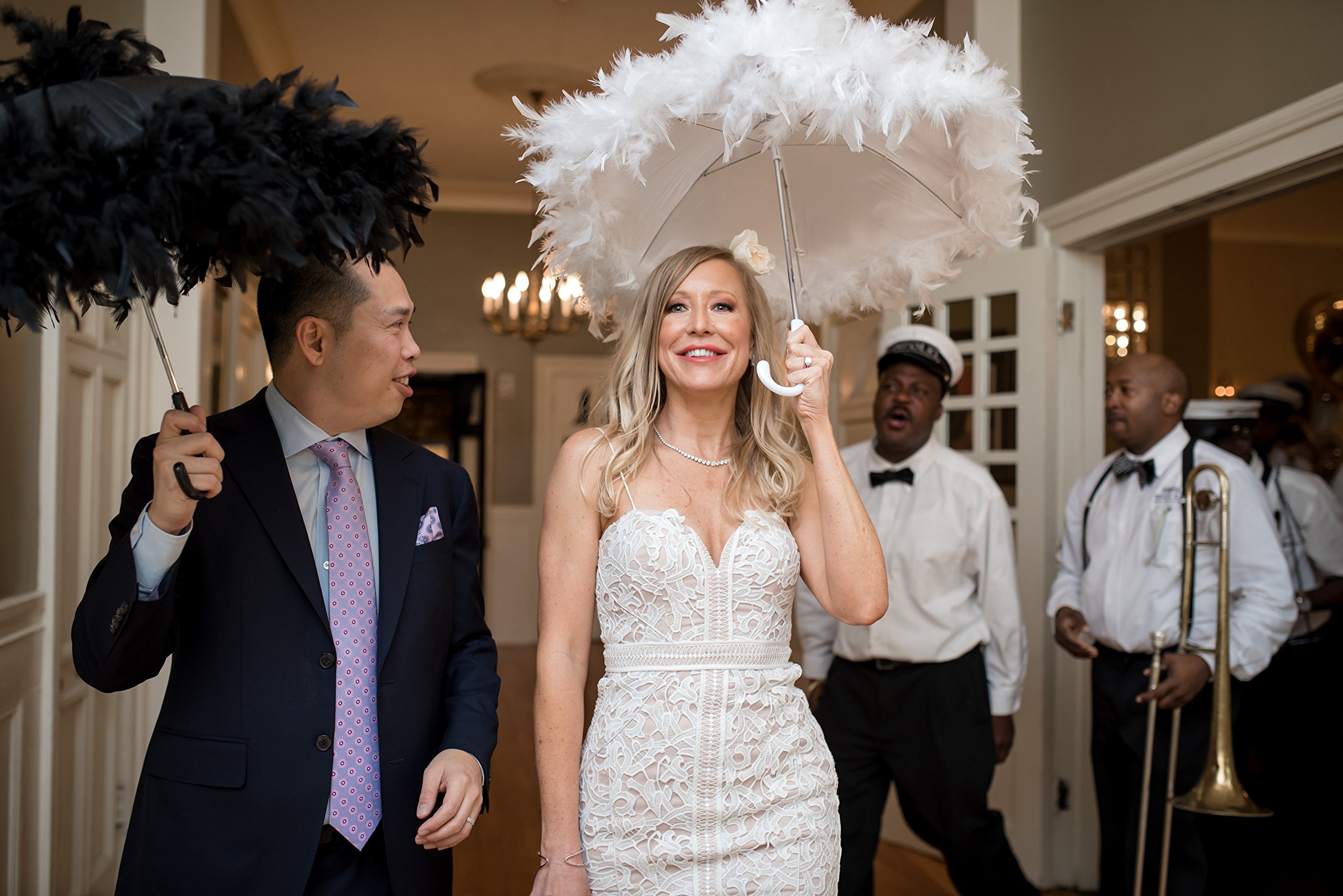 Mr. and Mrs. Second Line Umbrella Parasol- Black and White Feather New Orleans Wedding (Medium Parasol Sized)