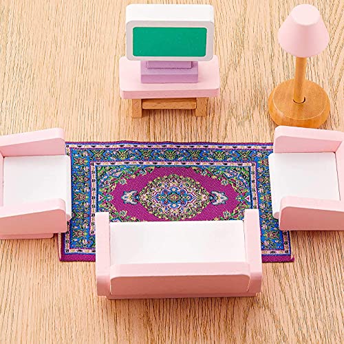 9Pcs Dollhouse Sofa Set,1/12 Dollhouse Decor 3Pcs Dark Green Fabric Sofa, 4Pcs Pillow and 2Pcs Miniature Carpet Turkey Rugs Miniature Furniture Toy for Kids Gift