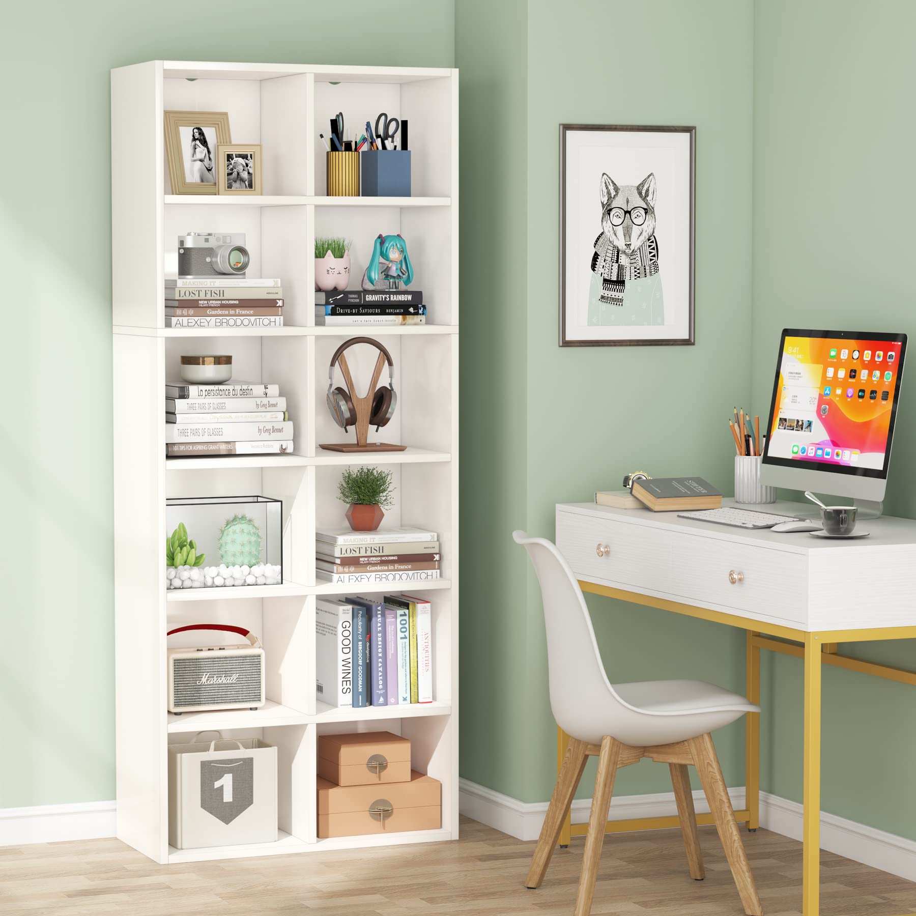 Tribesigns 71.65 Inch Tall Narrow Bookcase Bookshelf, White Modern Bookcase with 12 Cube Storage for Home Office, Vertical or Horizontal