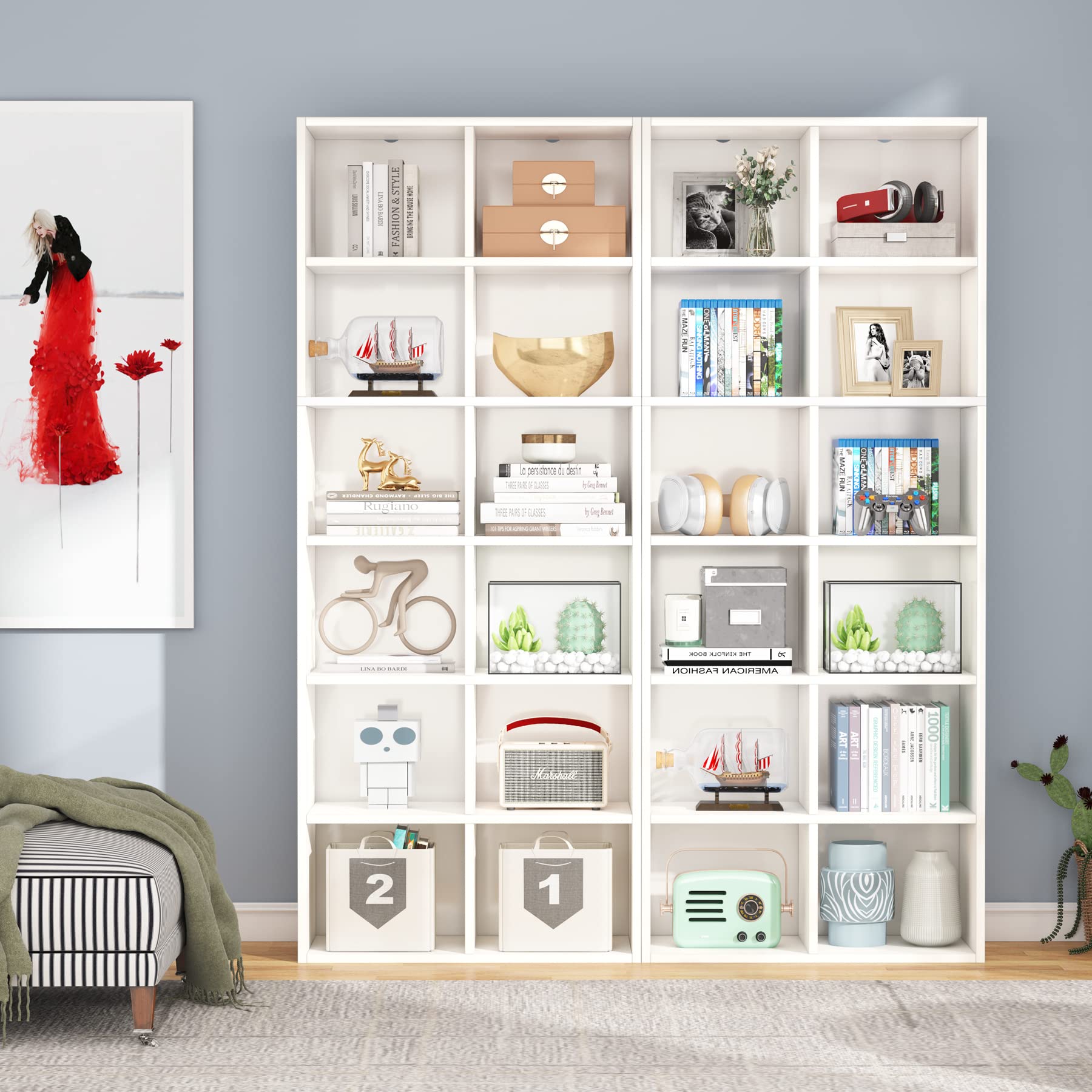 Tribesigns 71.65 Inch Tall Narrow Bookcase Bookshelf, White Modern Bookcase with 12 Cube Storage for Home Office, Vertical or Horizontal