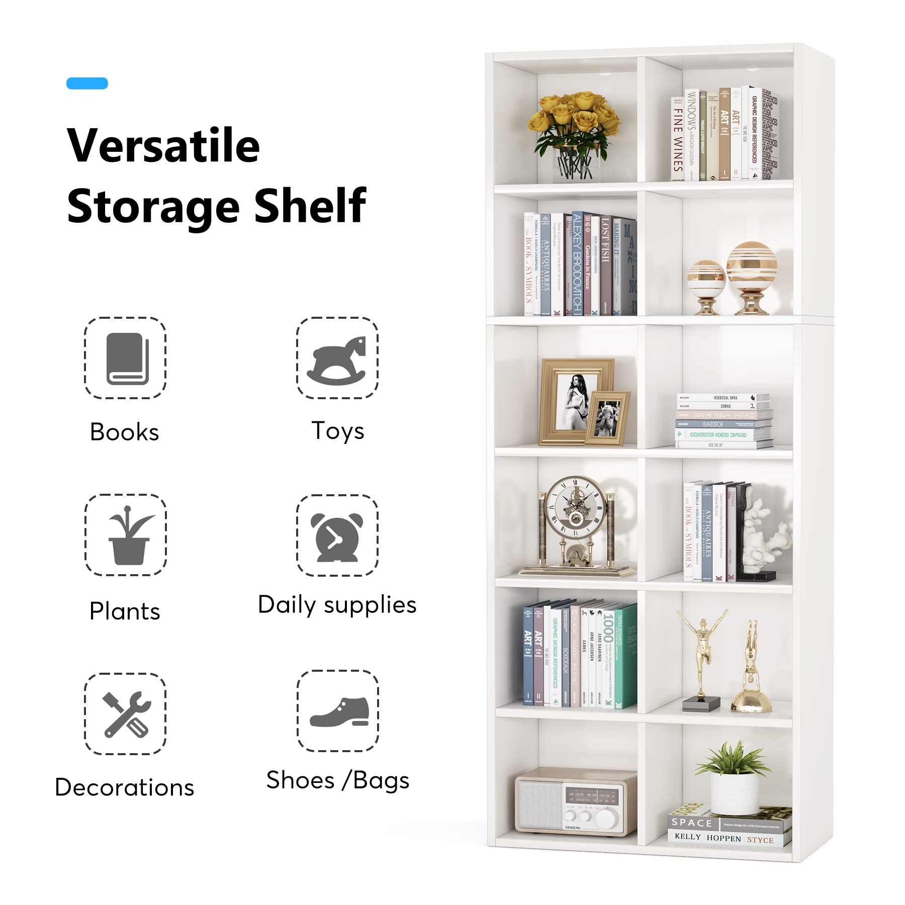 Tribesigns 71.65 Inch Tall Narrow Bookcase Bookshelf, White Modern Bookcase with 12 Cube Storage for Home Office, Vertical or Horizontal