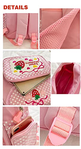 Lovemore Kawaii Embroidery Strawberry Backpack for Girl Teen Student School Bag Satchel Cute Pink Lace JK Backpack