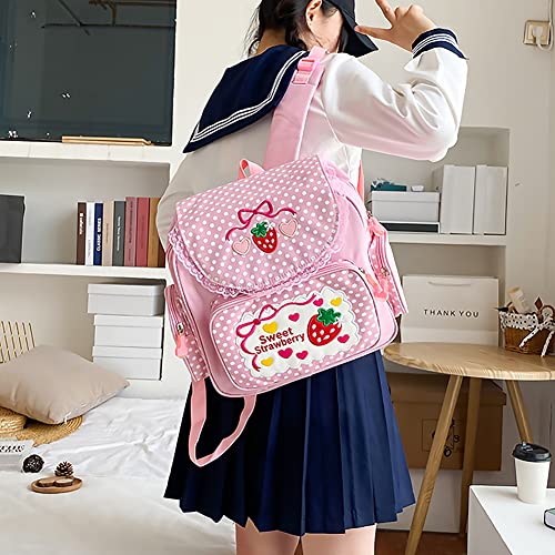 Lovemore Kawaii Embroidery Strawberry Backpack for Girl Teen Student School Bag Satchel Cute Pink Lace JK Backpack