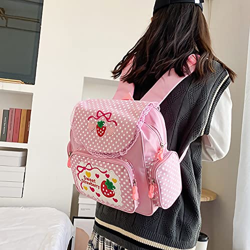 Lovemore Kawaii Embroidery Strawberry Backpack for Girl Teen Student School Bag Satchel Cute Pink Lace JK Backpack