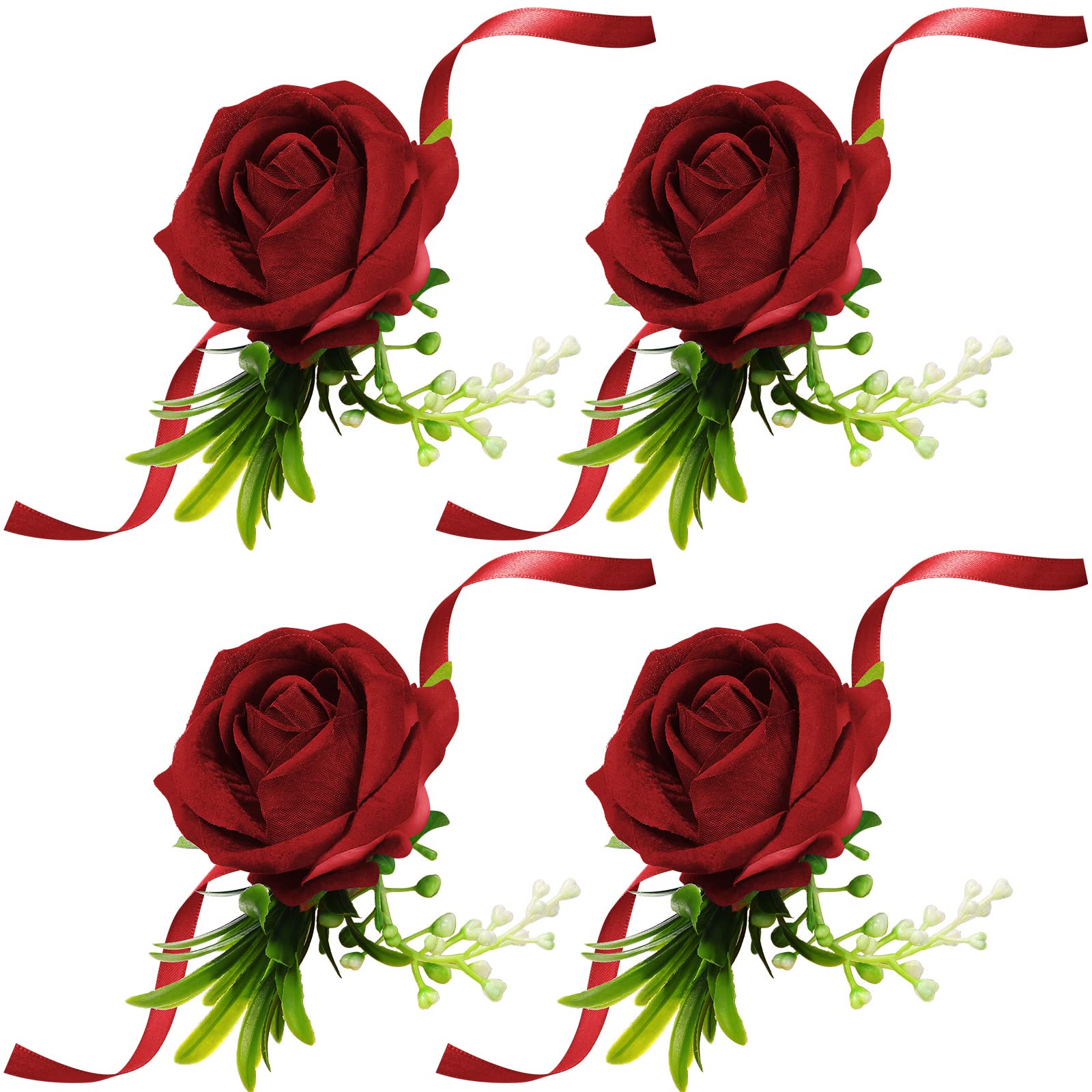 4 Pcs Corsage Wristlet for Wedding Rose Wrist with Ribbon Girl Bridesmaid Wrist Bridal Wrist Flower Corsage Hand Flower Decor for Wedding Ceremony Prom Dinner Anniversary (Burgundy, Wrist Corsage)