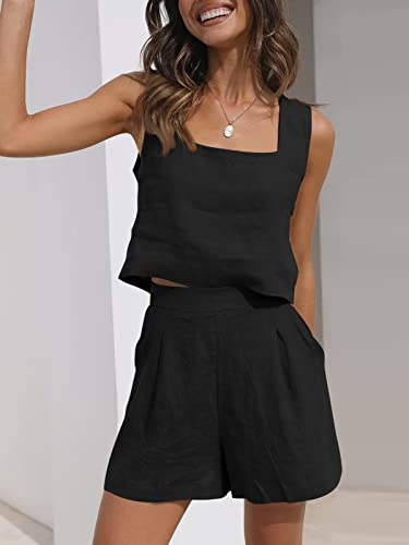 Trendy Queen Women 2 Piece Outfits Summer Linen Matching Sets Two Piece Lounge Shorts Crop Tank Tops 2024 Beach Clothes Vacation Romper