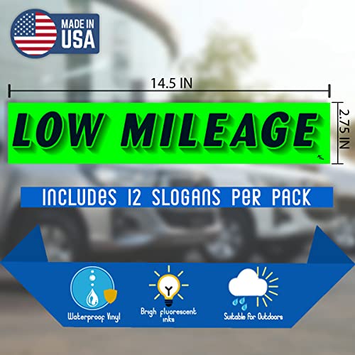 Versa Tags Windshield Slogan Stickers 12 Pack Each of Low Mileage, 3RD Row Seating, WE Finance, FINANCING Available, Warranty (60) Window Stickers Total Dealership Stickers Black On Green