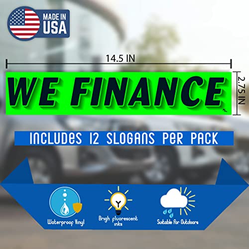 Versa Tags Windshield Slogan Stickers 12 Pack Each of Low Mileage, 3RD Row Seating, WE Finance, FINANCING Available, Warranty (60) Window Stickers Total Dealership Stickers Black On Green