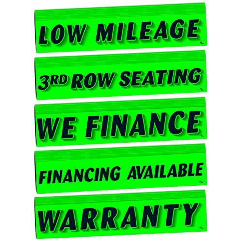 Versa Tags Windshield Slogan Stickers 12 Pack Each of Low Mileage, 3RD Row Seating, WE Finance, FINANCING Available, Warranty (60) Window Stickers Total Dealership Stickers Black On Green