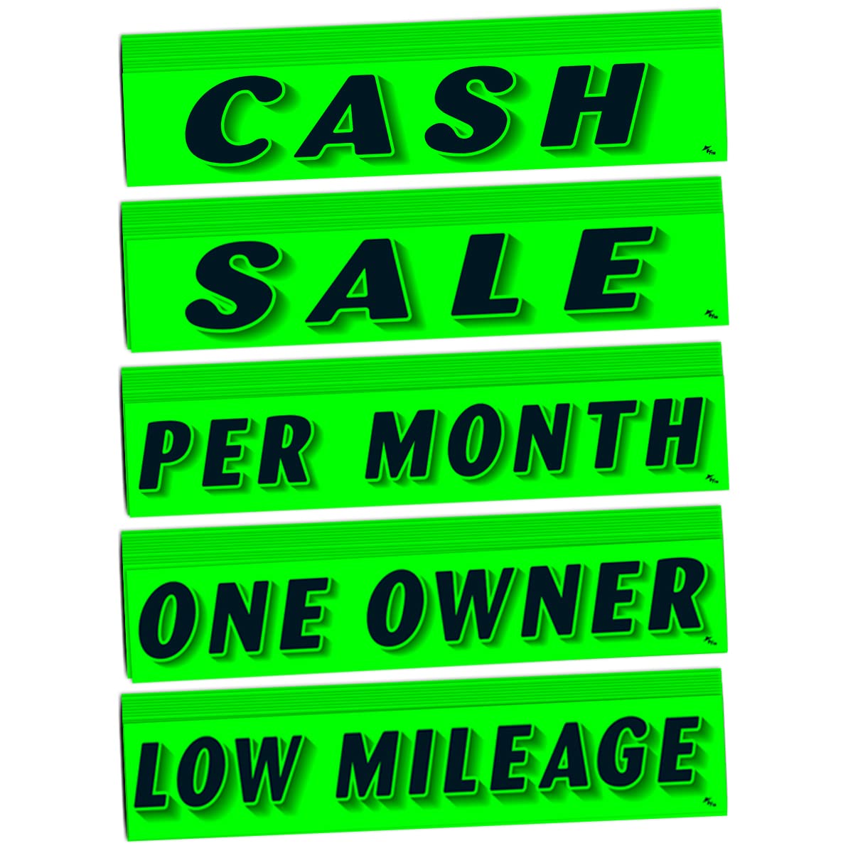 Versa Tags Windshield Slogan Stickers 12 Pack Each of Cash, Sale, PER Month, ONE Owner, Low Mileage (60) Window Stickers Total Dealership Stickers Black On Green
