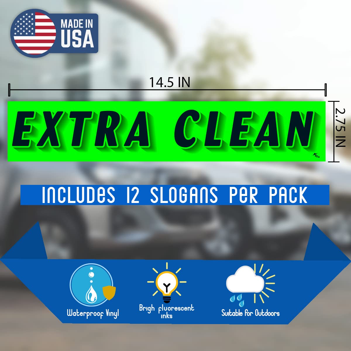 Versa Tags Windshield Slogan Stickers 12 Pack Each of Extra Clean, FINANCING Available, Warranty, Save, Sale (60) Window Stickers Total Dealership Stickers Black On Green