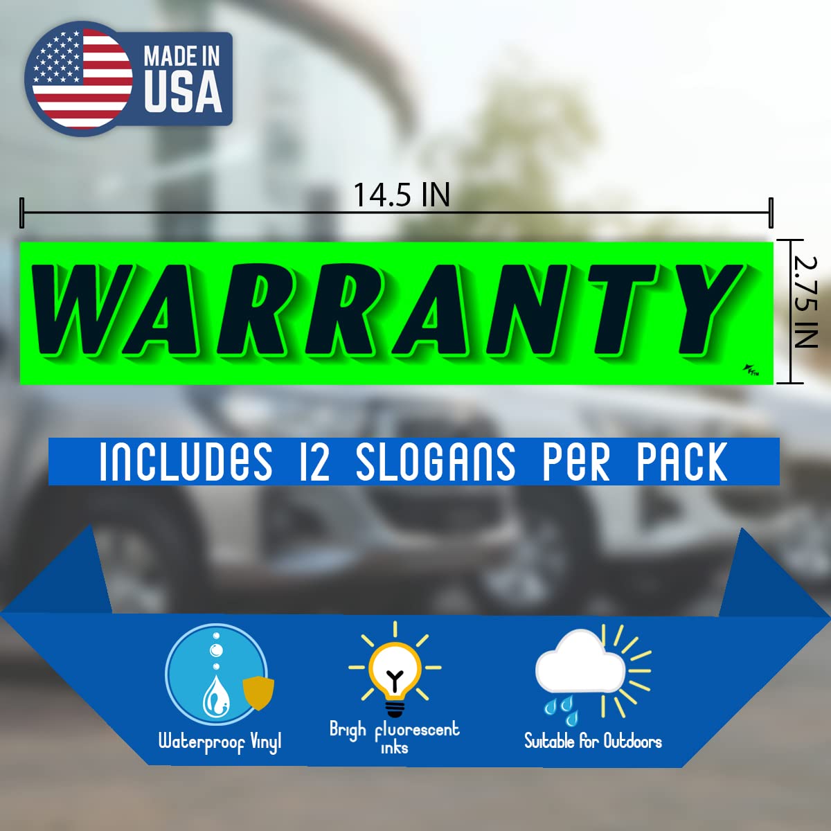 Versa Tags Windshield Slogan Stickers 12 Pack Each of Down, FINANCING Available, Warranty, Save, Sale (60) Window Stickers Total Dealership Stickers Black On Green