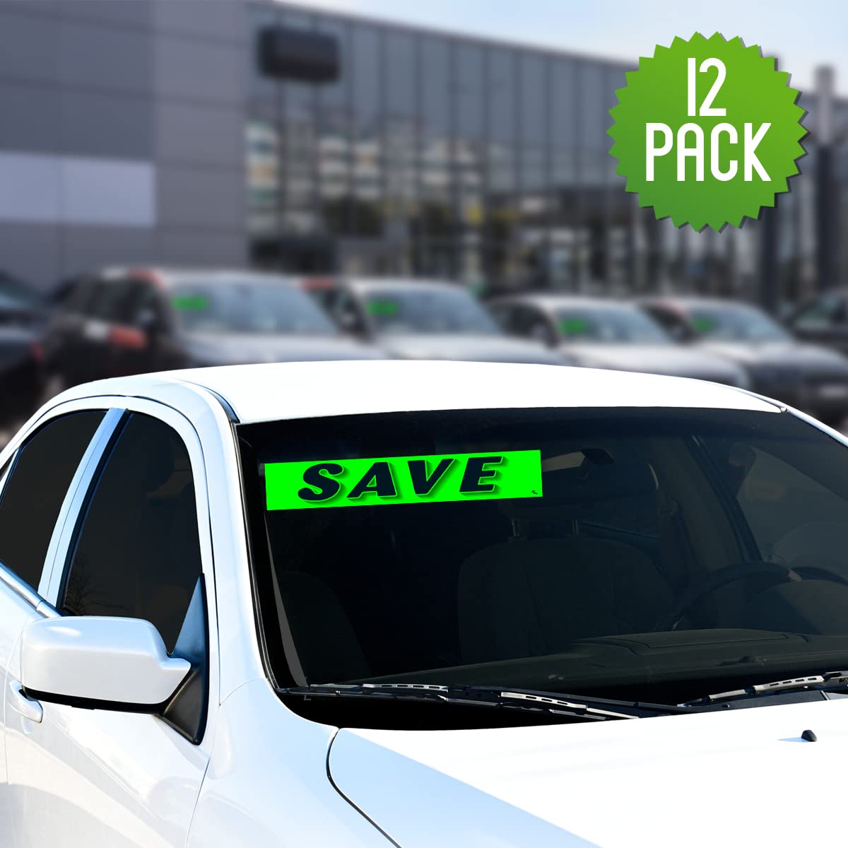 Versa Tags Windshield Slogan Stickers 12 Pack Each of Down, FINANCING Available, Warranty, Save, Sale (60) Window Stickers Total Dealership Stickers Black On Green