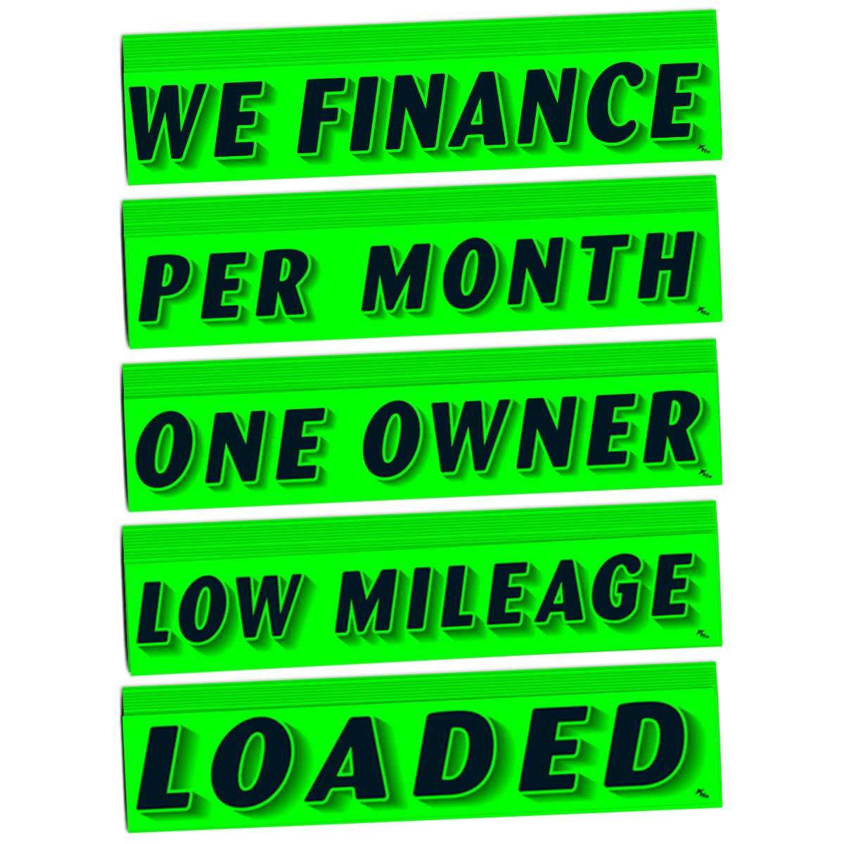 Versa Tags Windshield Slogan Stickers 12 Pack Each of WE Finance, PER Month, ONE Owner, Low Mileage, Loaded (60) Window Stickers Total Dealership Stickers Black On Green