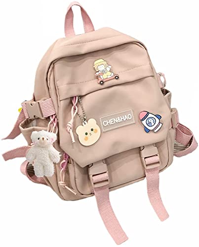 Fashion Girl School Bag Kawaii Backpack Waterproof Nylon with Kawaii Pendant Backpack Portable (Color : Pink)