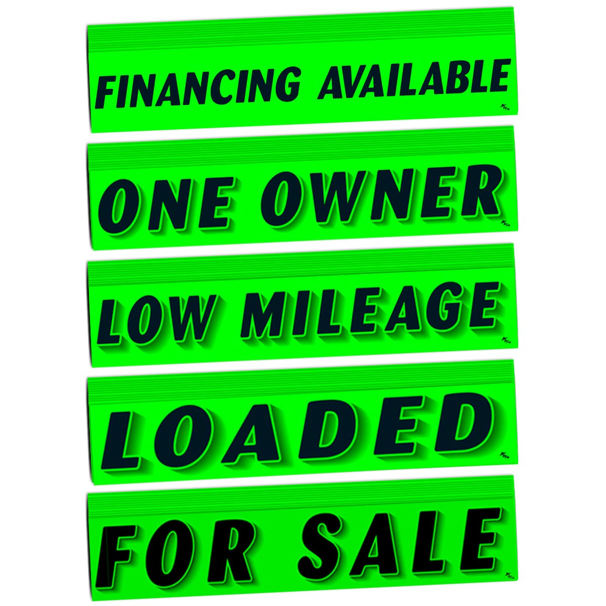 Versa Tags Windshield Slogan Stickers 12 Pack Each of FINANCING Available, ONE Owner, Low Mileage, Loaded, for Sale (60) Window Stickers Total Dealership Stickers Black On Green