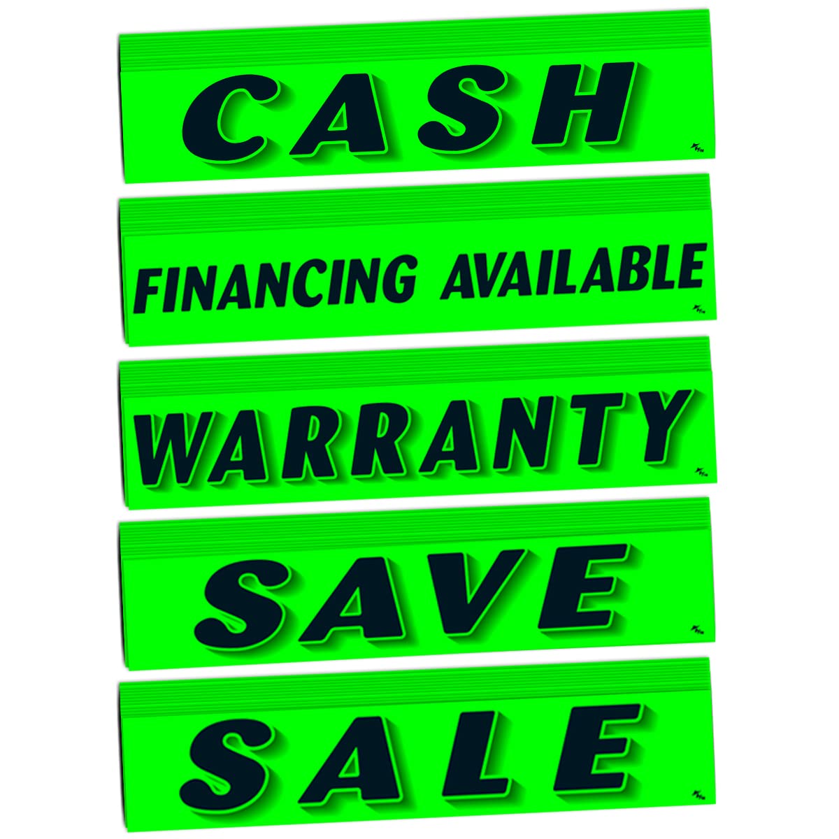 Versa Tags Windshield Slogan Stickers 12 Pack Each of Cash, FINANCING Available, Warranty, Save, Sale (60) Window Stickers Total Dealership Stickers Black On Green