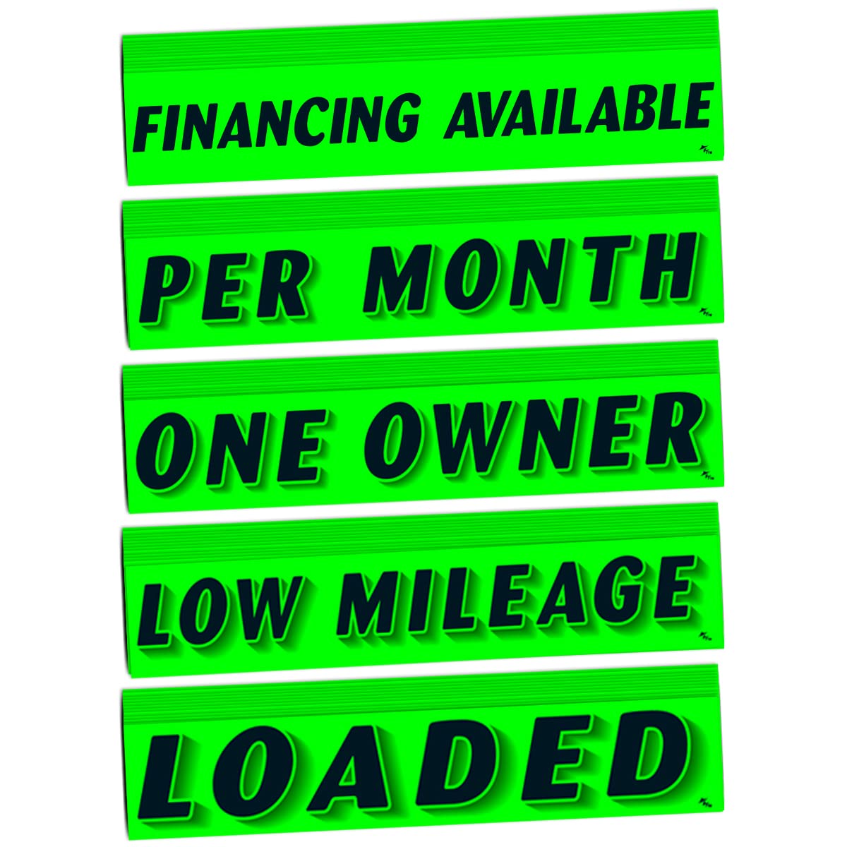 Versa Tags Windshield Slogan Stickers 12 Pack Each of FINANCING Available, PER Month, ONE Owner, Low Mileage, Loaded (60) Window Stickers Total Dealership Stickers Black On Green