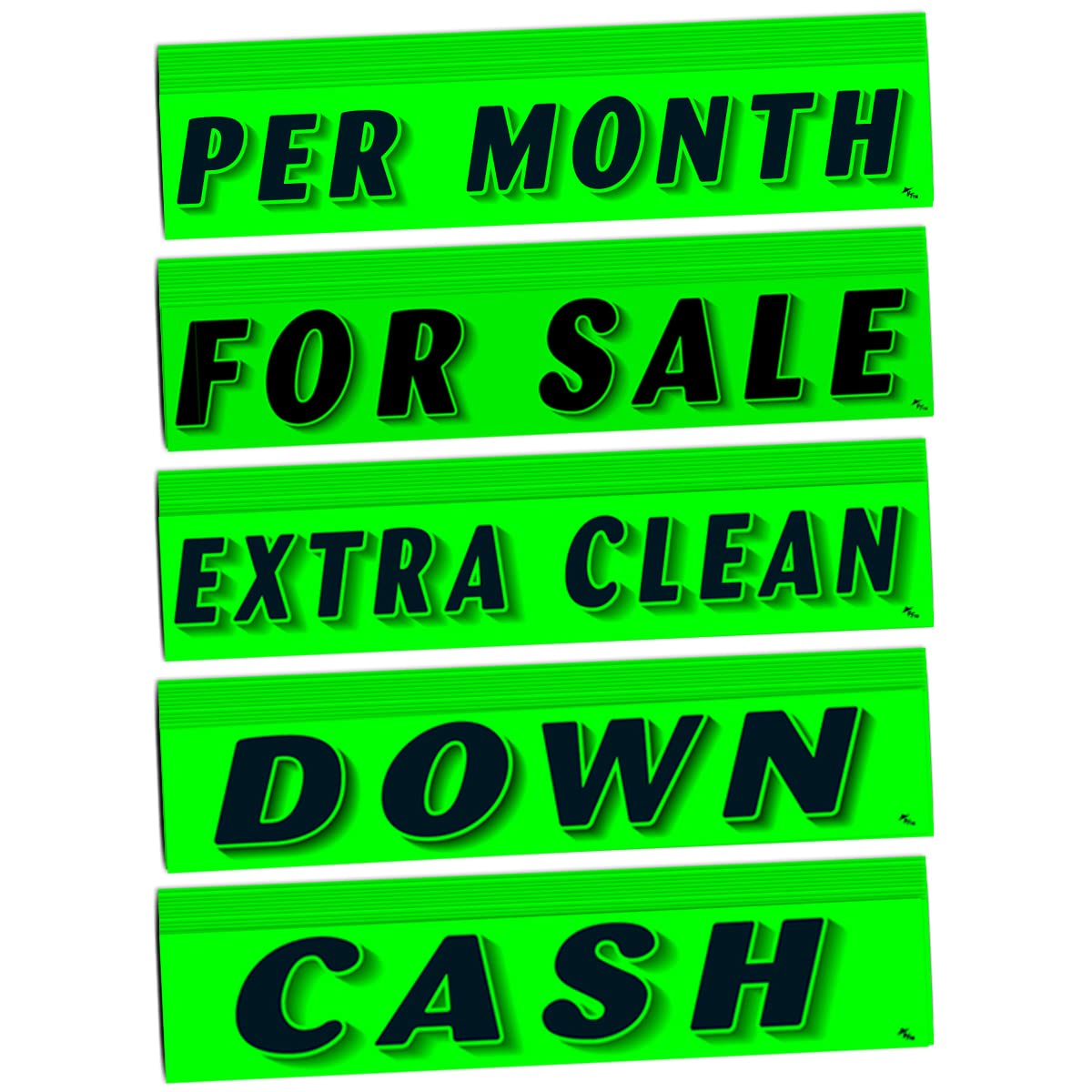 Versa Tags Windshield Slogan Stickers 12 Pack Each of PER Month, for Sale, Extra Clean, Down, Cash (60) Window Stickers Total Dealership Stickers Black On Green