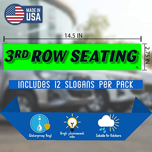 Versa Tags Windshield Slogan Stickers 12 Pack Each of Down, 3RD Row Seating, WE Finance, FINANCING Available, Warranty (60) Window Stickers Total Dealership Stickers Black On Green