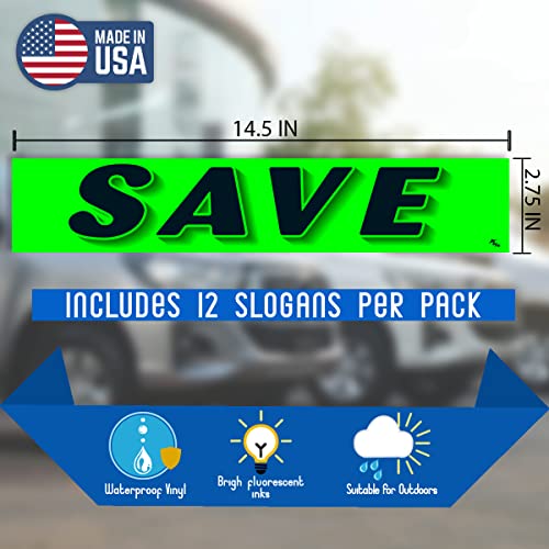 Versa Tags Windshield Slogan Stickers 12 Pack Each of FINANCING Available, Save, Sale, PER Month, ONE Owner (60) Window Stickers Total Dealership Stickers Black On Green