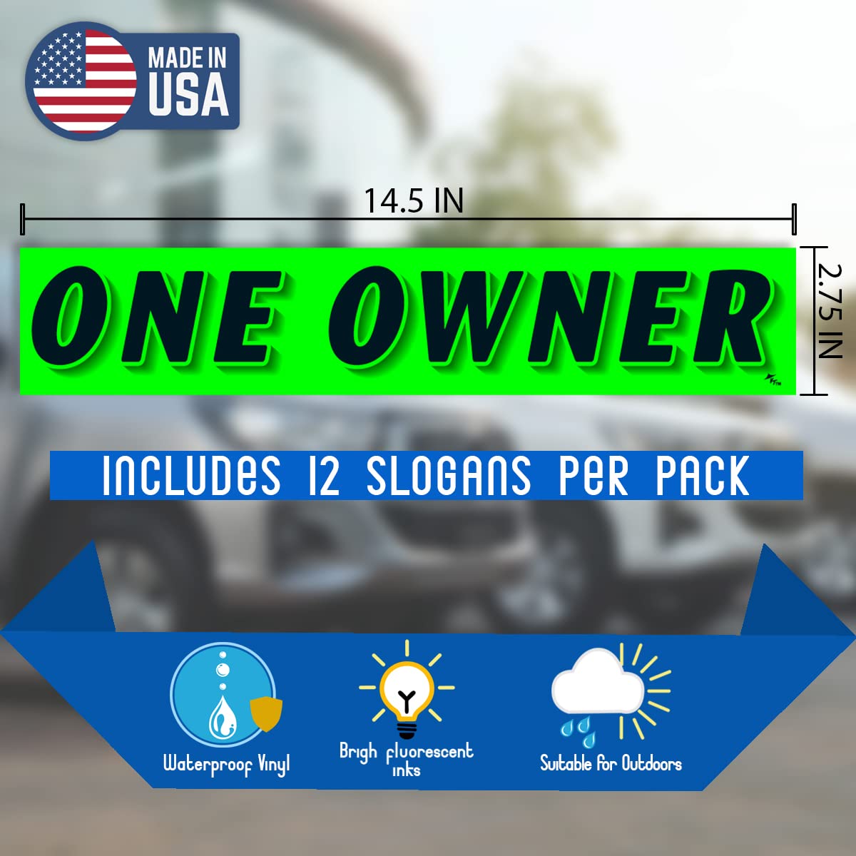 Versa Tags Windshield Slogan Stickers 12 Pack Each of FINANCING Available, Sale, PER Month, ONE Owner, Low Mileage (60) Window Stickers Total Dealership Stickers Black On Green
