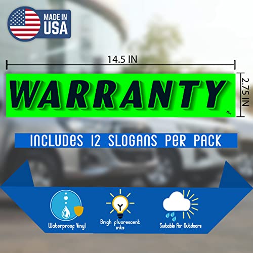 Versa Tags Windshield Slogan Stickers 12 Pack Each of Down, 3RD Row Seating, WE Finance, FINANCING Available, Warranty (60) Window Stickers Total Dealership Stickers Black On Green