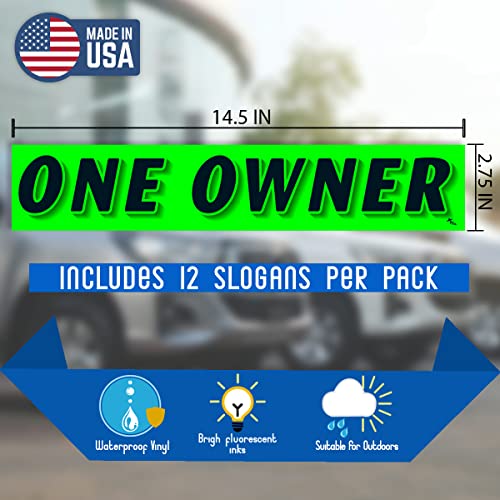 Versa Tags Windshield Slogan Stickers 12 Pack Each of FINANCING Available, Save, Sale, PER Month, ONE Owner (60) Window Stickers Total Dealership Stickers Black On Green